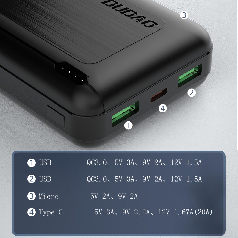 Power Bank Dudao Portable 20000mAh 20W QC 3.0 2 x USB A / USB Type C ...
